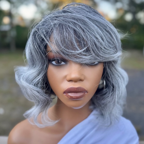 Hair | Mixed Grey Bob Loose Wavy Textured With Bangs | Poshmark